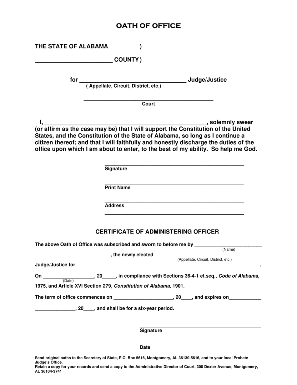 Alabama Oath of Office Judge - Judge/Justice - Fill Out, Sign Online ...
