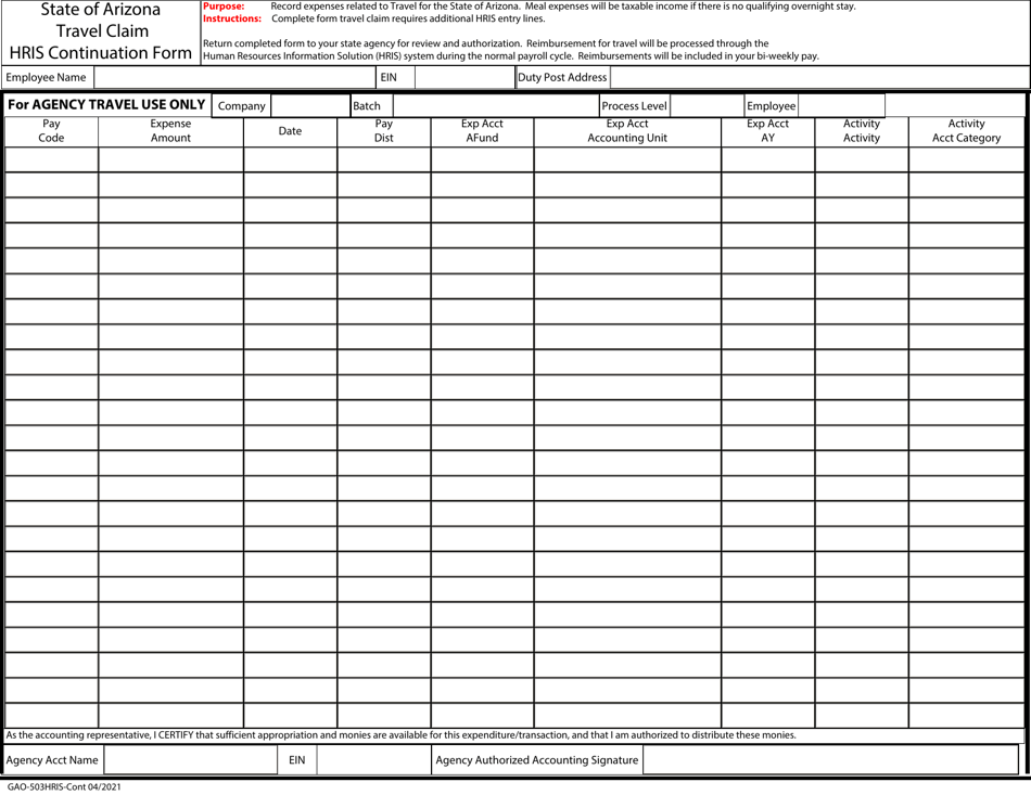 Form GAO-503HRIS Download Fillable PDF or Fill Online State of Arizona ...