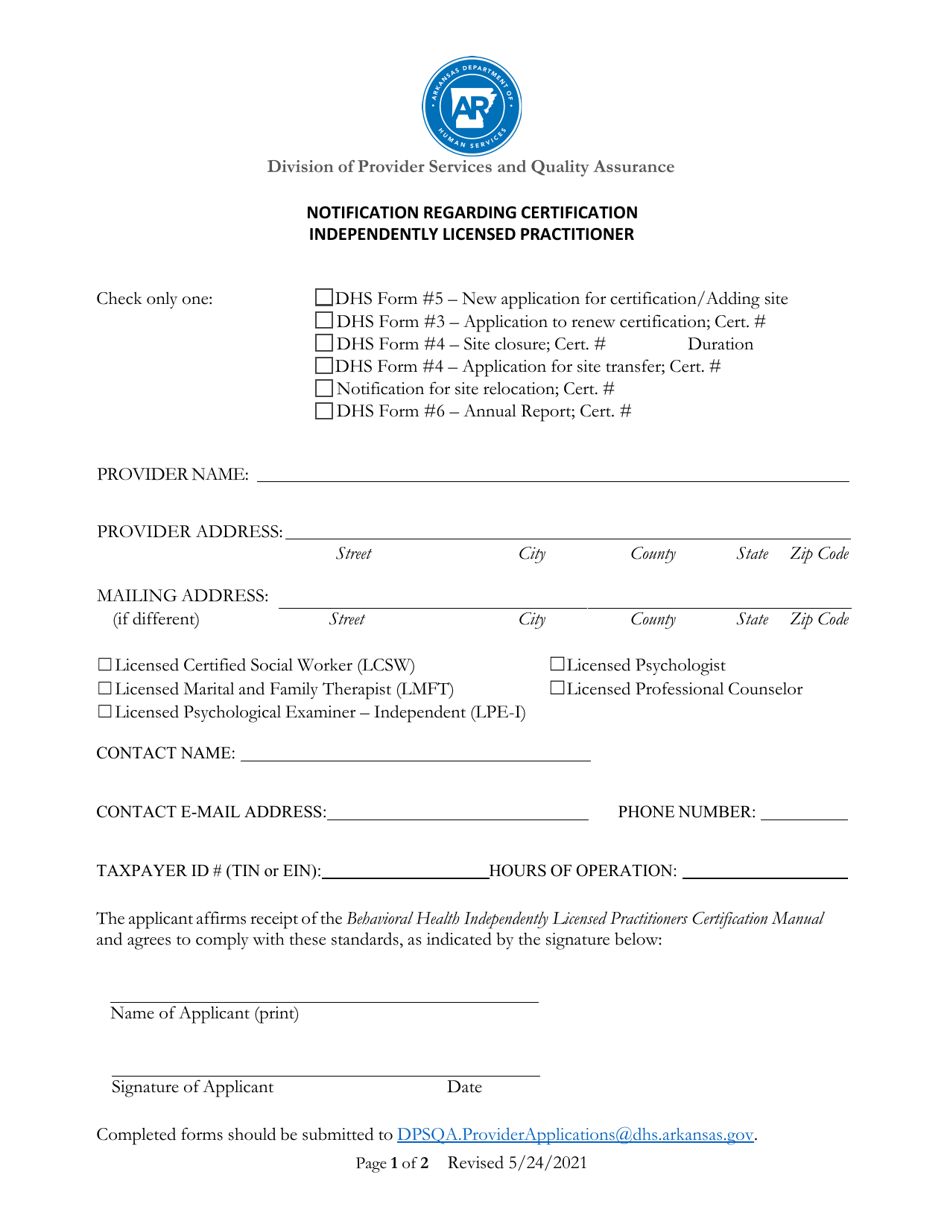 Arkansas Notification Regarding Certification Independently Licensed ...