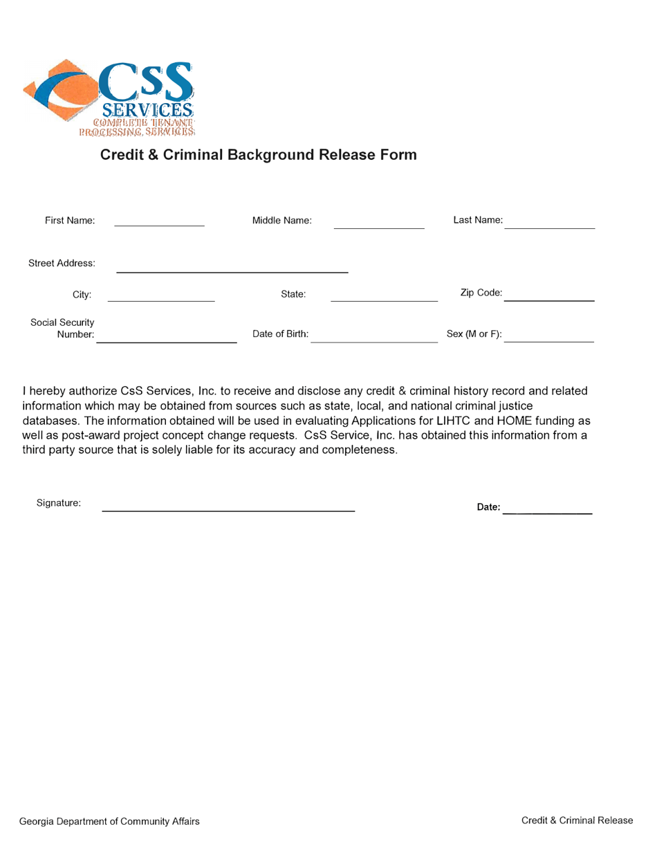 Georgia (United States) Credit & Criminal Background Release Form ...