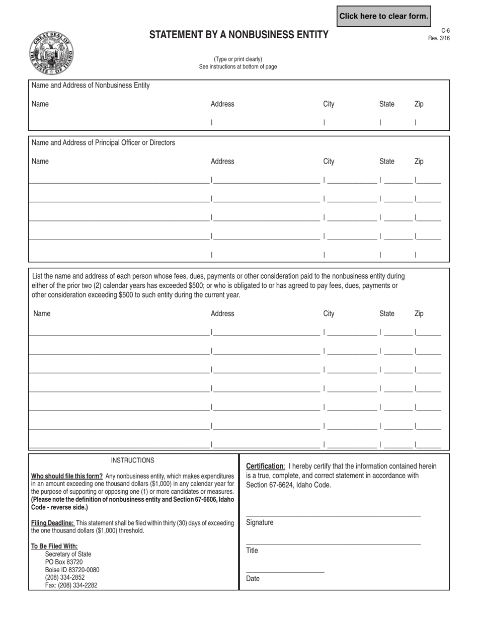 Form C-6 - Fill Out, Sign Online and Download Fillable PDF, Idaho ...