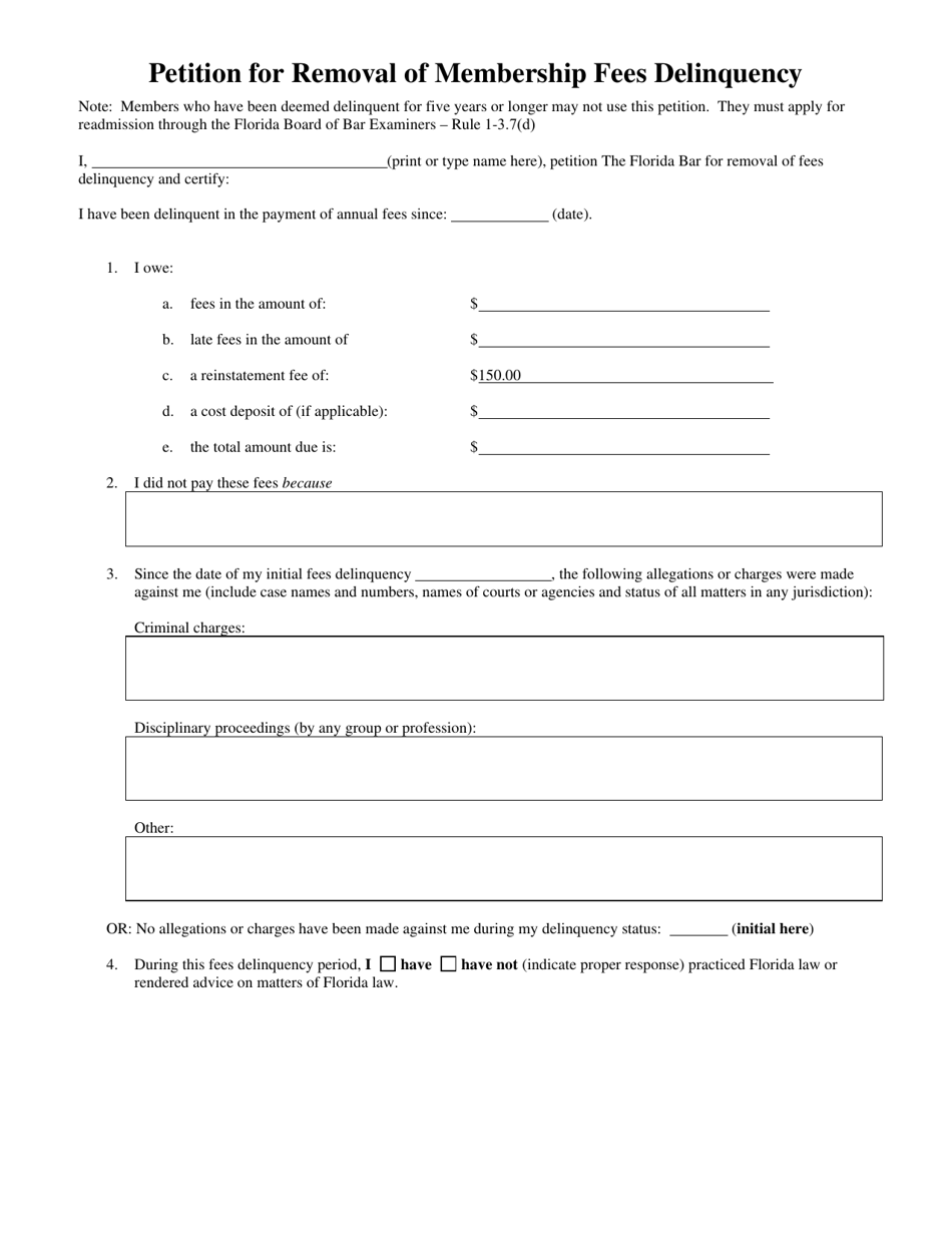 Florida Petition for Removal of Membership Fees Delinquency - Fill Out ...