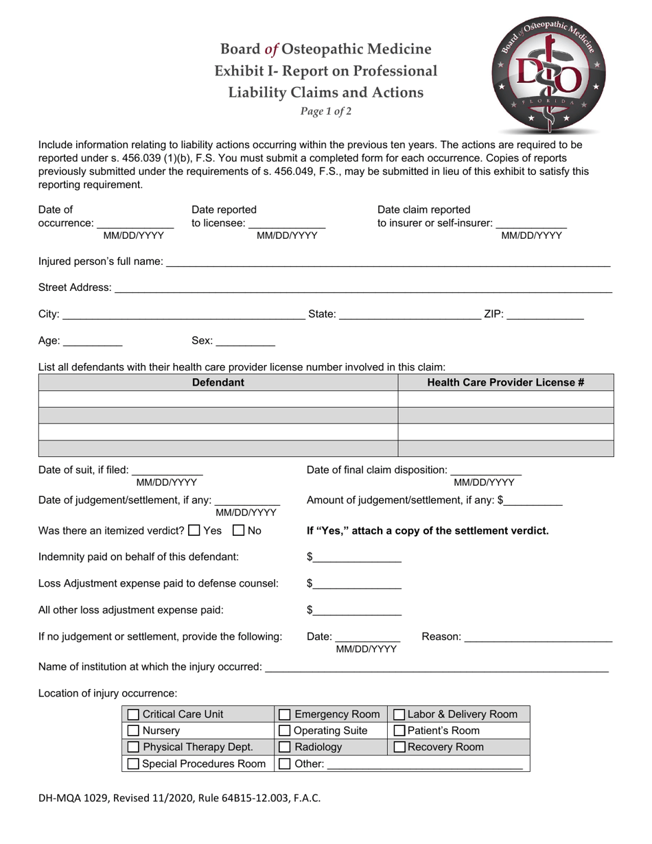 Form DH-MQA1029 Exhibit I - Fill Out, Sign Online and Download Fillable ...