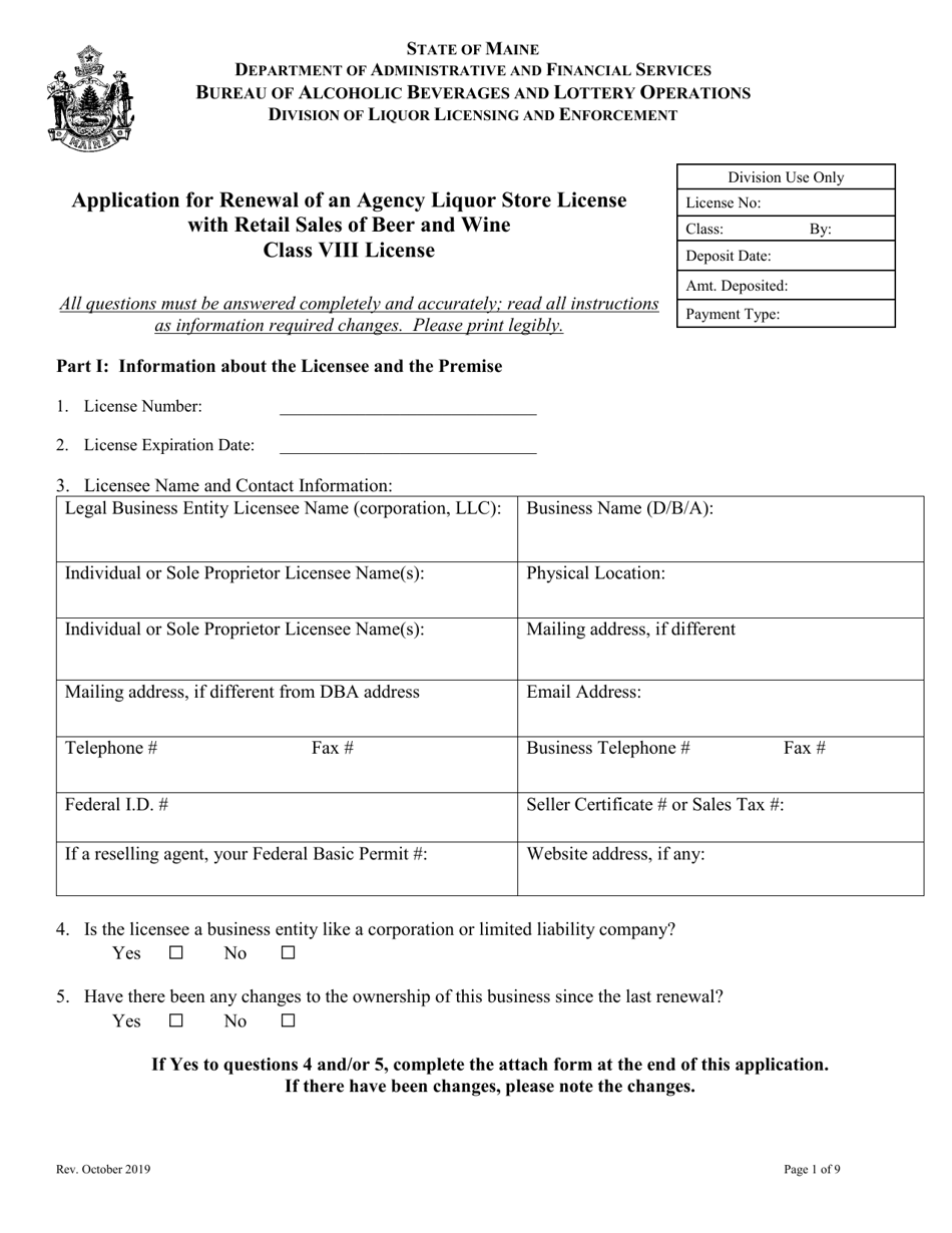 Maine Application for Renewal of an Agency Liquor Store License With ...