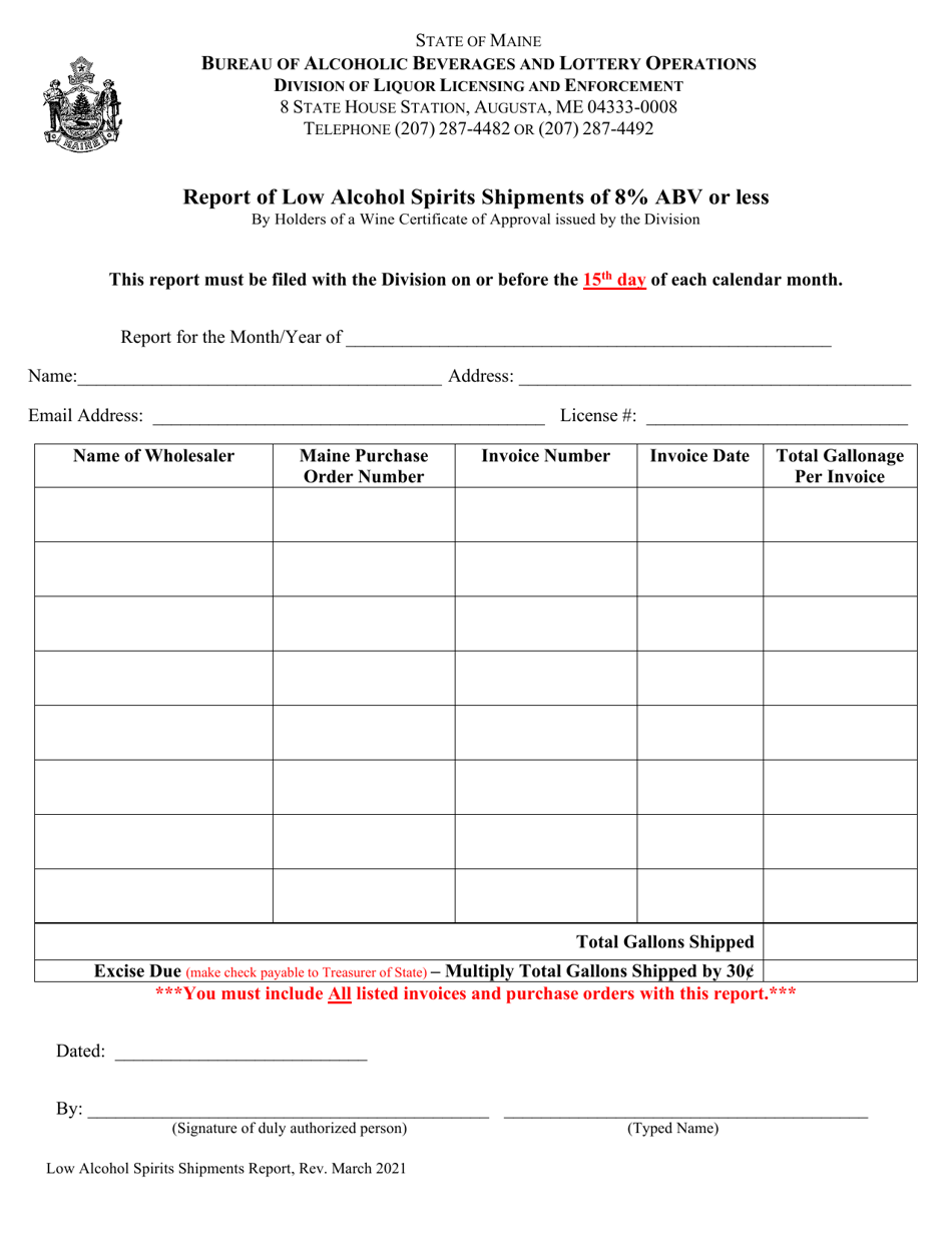 Maine Report of Low Alcohol Spirits Shipments of 8% Abv or Less by ...