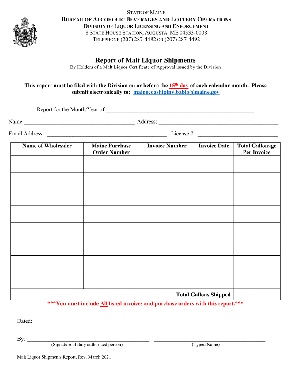 Maine Report of Malt Liquor Shipments Download Fillable PDF 2018 — 2026 ...