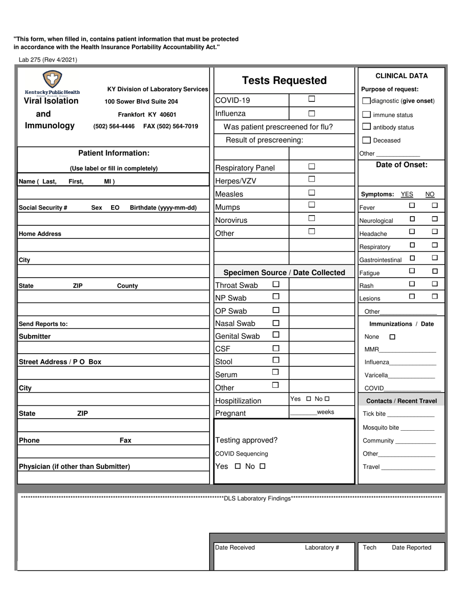 Lab Form 275 Download Printable PDF or Fill Online Virology, Kentucky ...