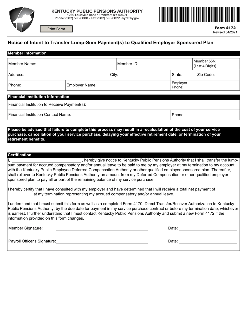 Form 4172 - Fill Out, Sign Online and Download Fillable PDF, Kentucky ...