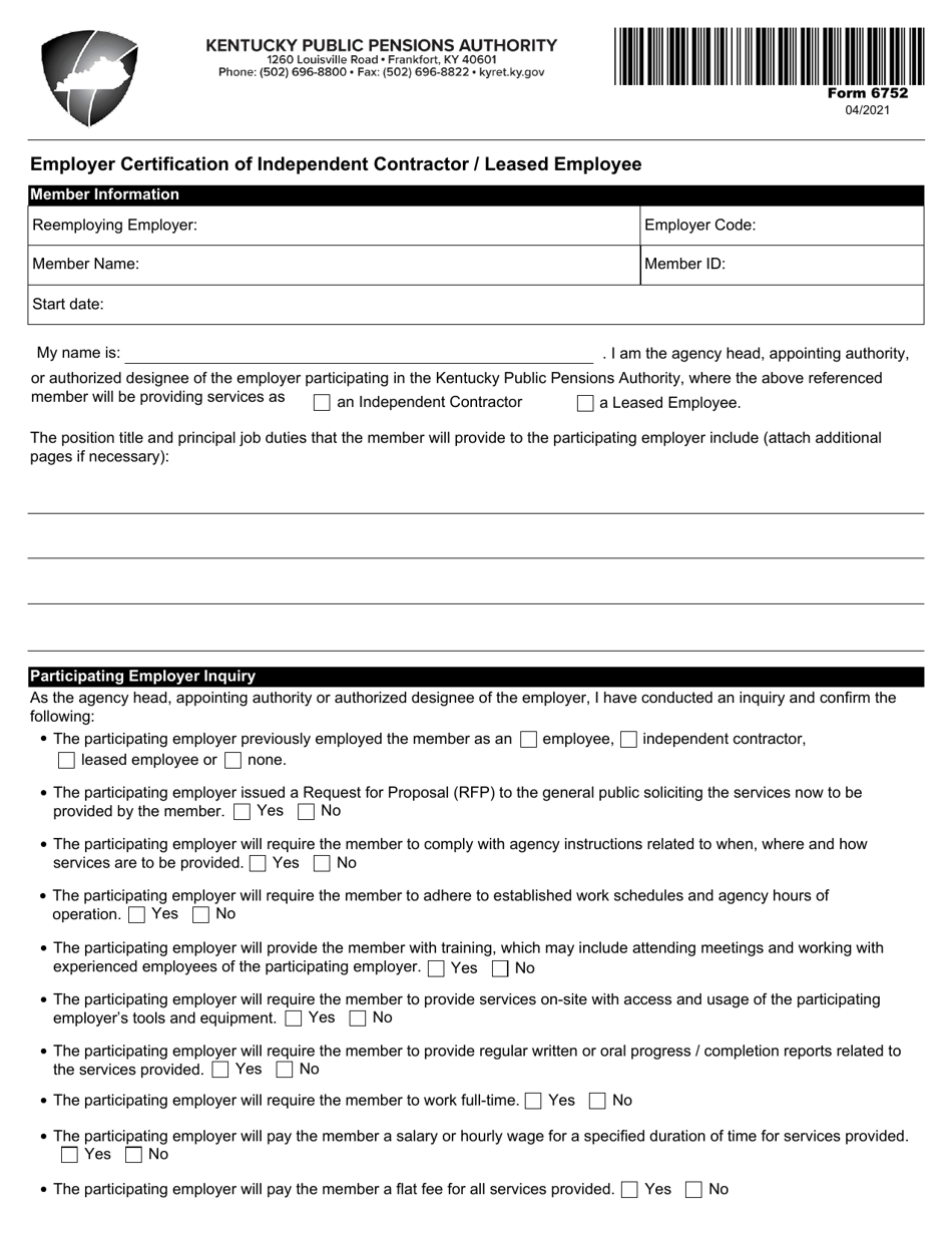 Form 6752 - Fill Out, Sign Online and Download Fillable PDF, Kentucky ...