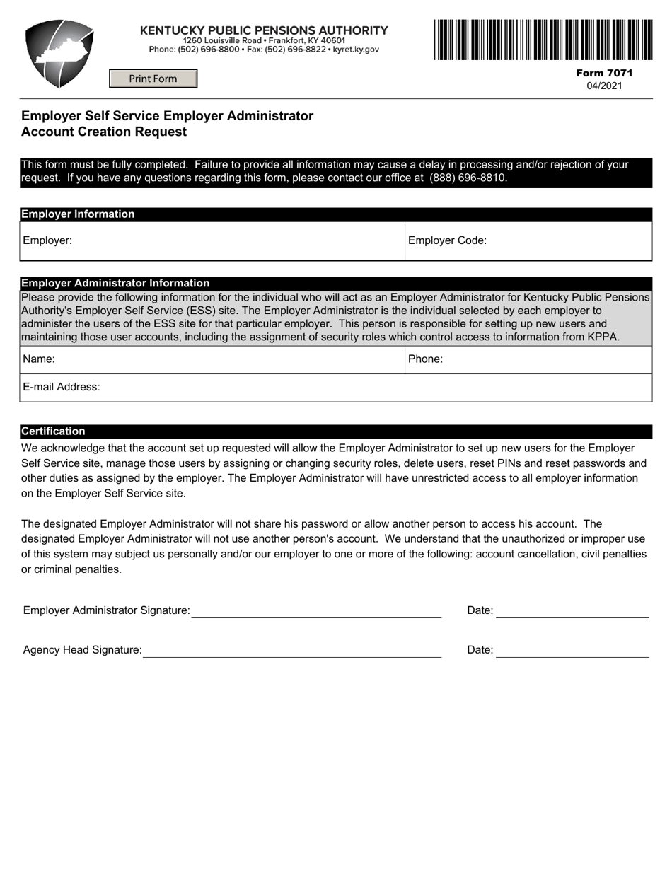 Form 7071 - Fill Out, Sign Online and Download Fillable PDF, Kentucky ...