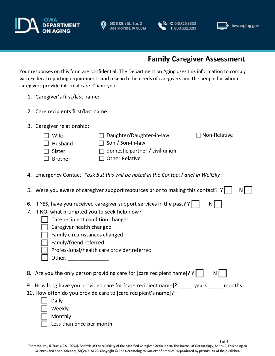 Iowa Family Caregiver Assessment and Strain Index - Fill Out, Sign ...