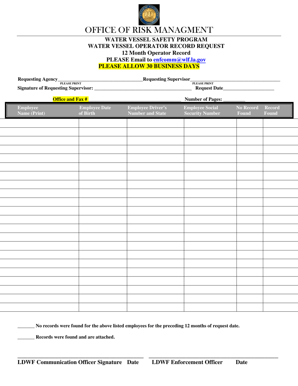 Louisiana Water Vessel Operator Record Request - Fill Out, Sign Online ...