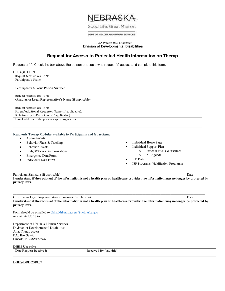 Nebraska Request for Access to Protected Health Information on Therap ...