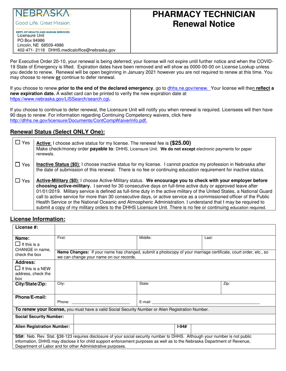 Nebraska Pharmacy Technician Renewal Notice - Fill Out, Sign Online and ...