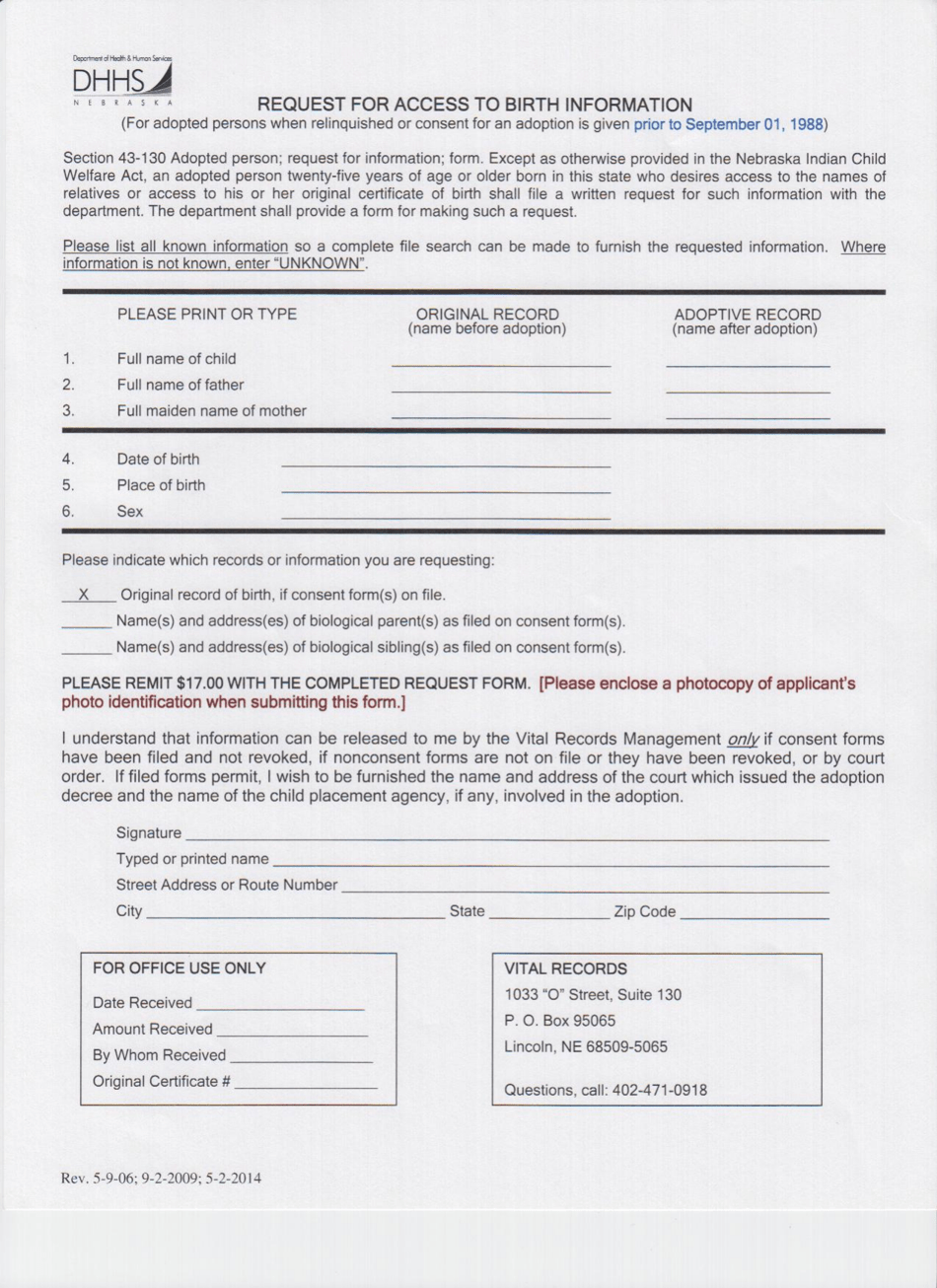 Nebraska Request for Access to Birth Information (Prior to September 1 ...