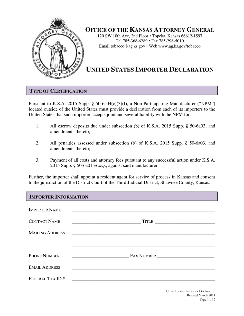 Kansas United States Importer Declaration - Fill Out, Sign Online and ...