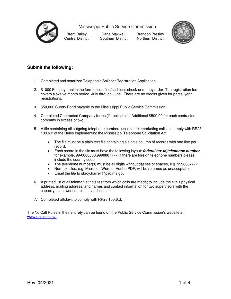 Mississippi No Call Telephone Solicitor Registration Application - Fill ...