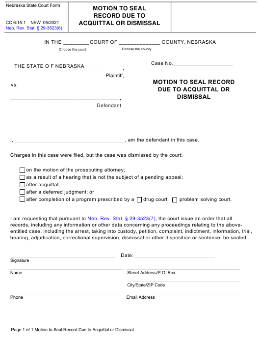 Form CC6:15.1 Download Fillable PDF or Fill Online Motion to Seal Record Due to Acquittal or ...