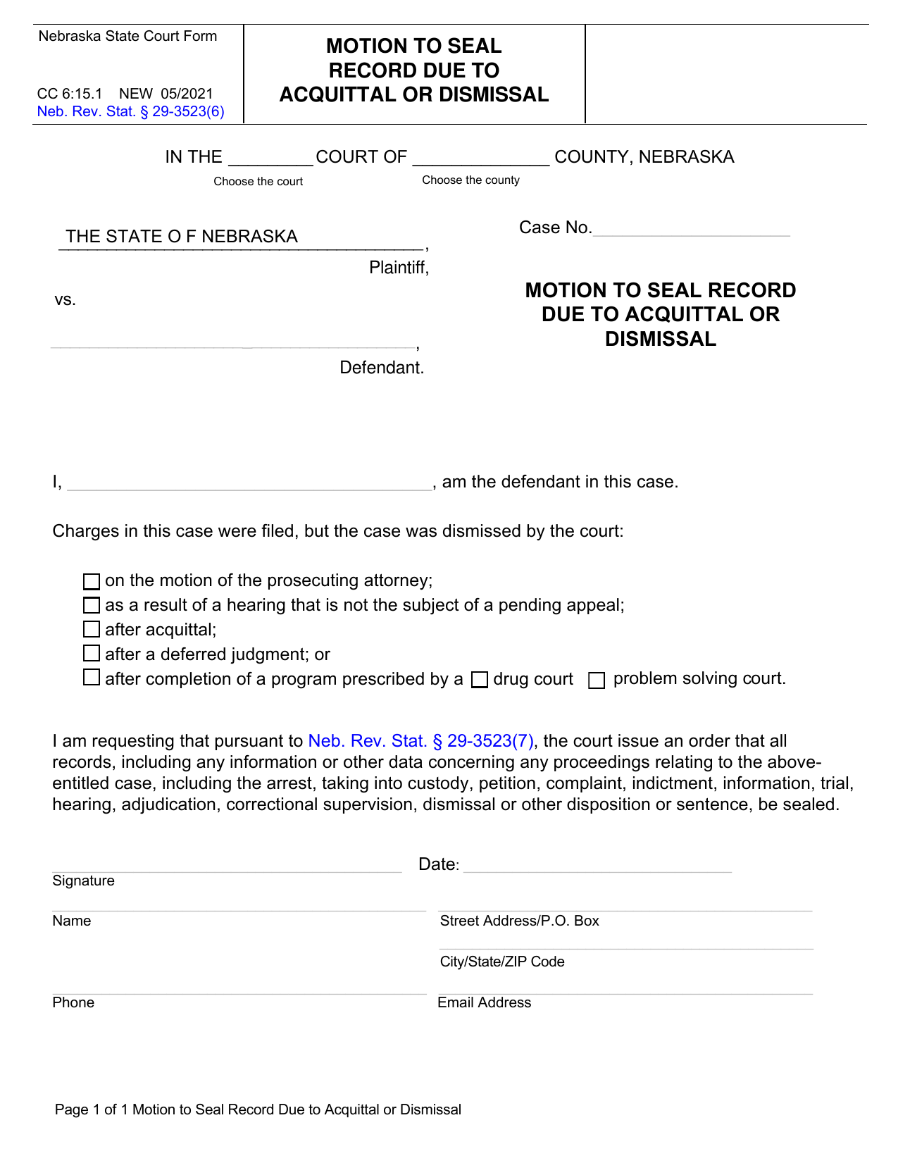 Form CC6:15.1 Download Fillable PDF or Fill Online Motion to Seal Record Due to Acquittal or ...