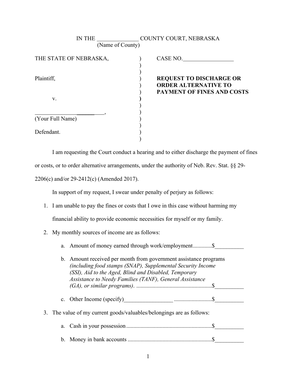 Nebraska Request to Discharge or Order Alternative to Payment of Fines ...