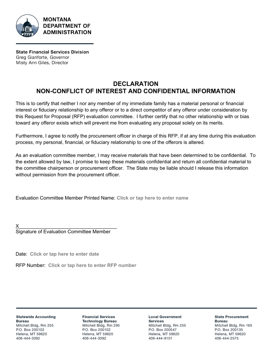 Montana Declaration of Non-conflict of Interest and Confidential ...