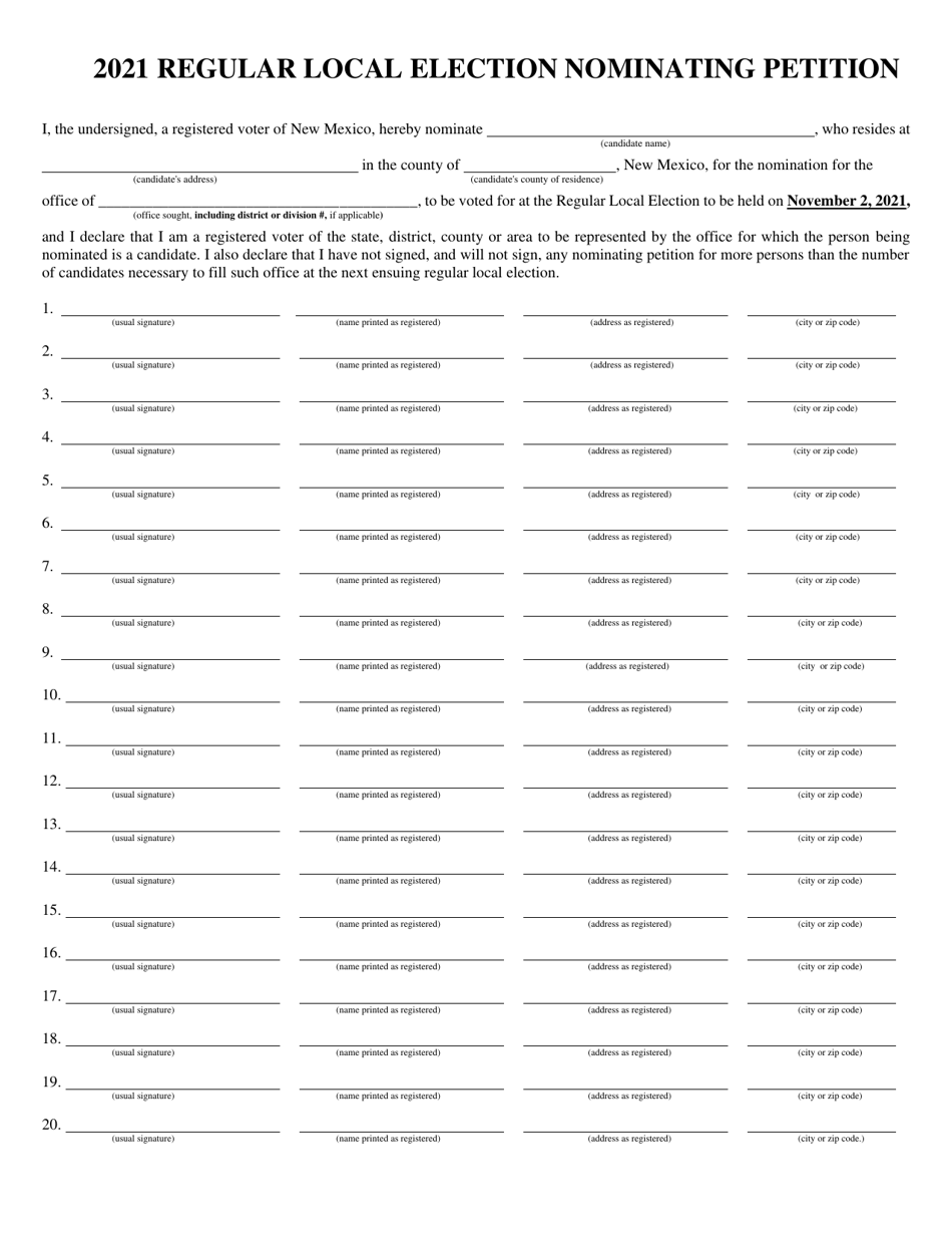2021 New Mexico Regular Local Election Nominating Petition - Fill Out, Sign Online and Download ...