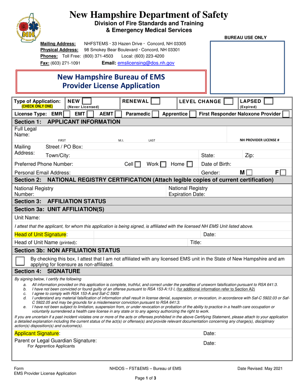 New Hampshire EMS Provider License Application Download Fillable PDF ...