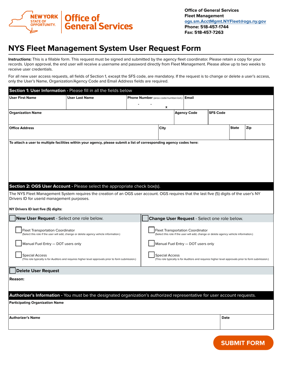 New York NYS Fleet Management System User Request Form - Fill Out, Sign ...