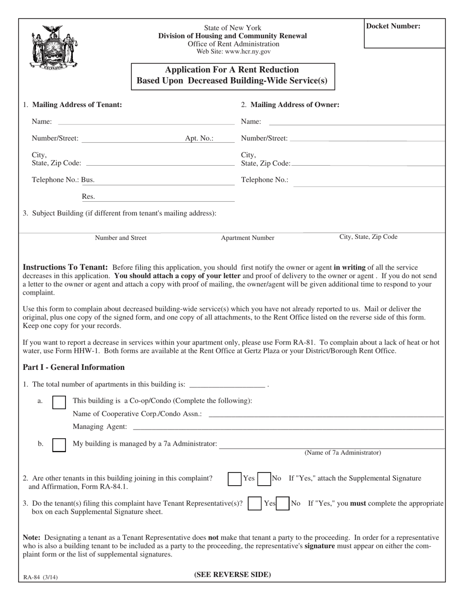 Form RA-84 - Fill Out, Sign Online and Download Fillable PDF, New York ...