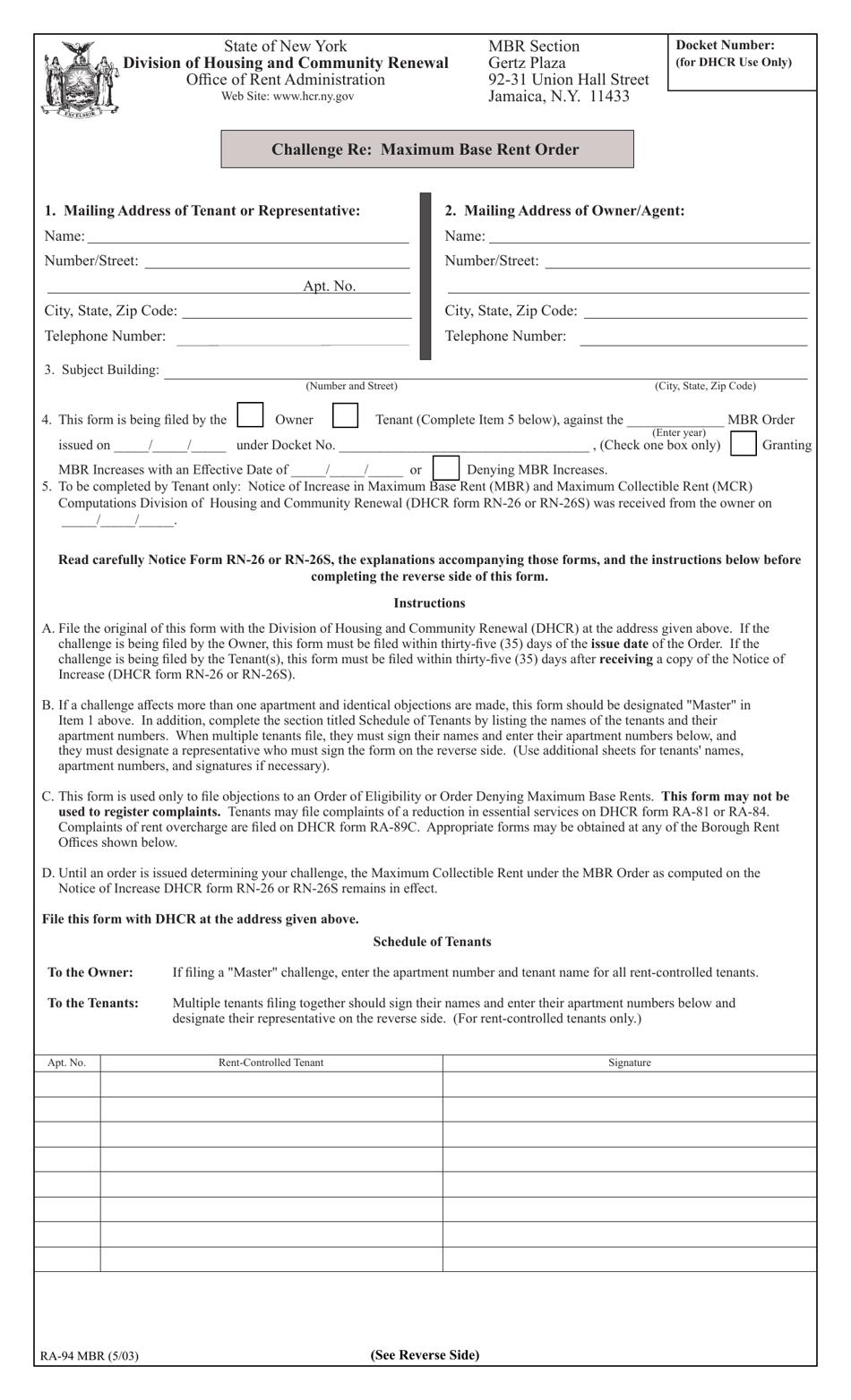 Form RA-94 MBR - Fill Out, Sign Online and Download Fillable PDF, New ...
