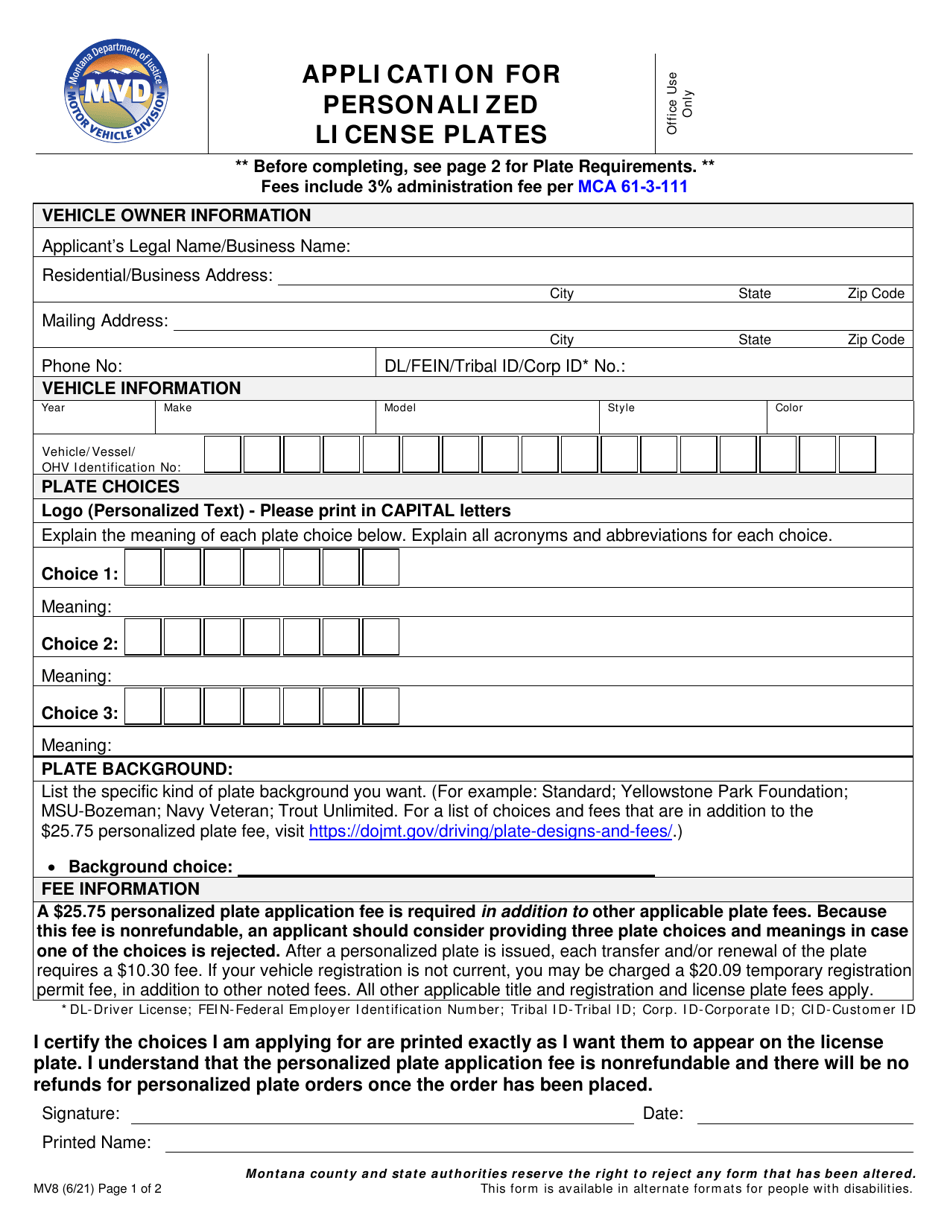 Form MV8 Download Fillable PDF or Fill Online Application for ...