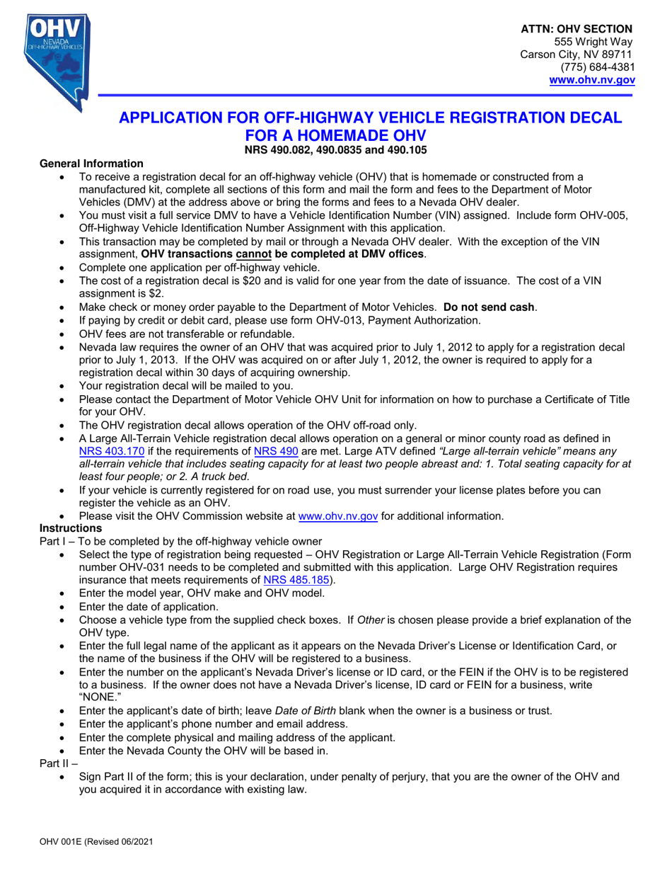 Form OHV001E Download Fillable PDF or Fill Online Application for Off ...