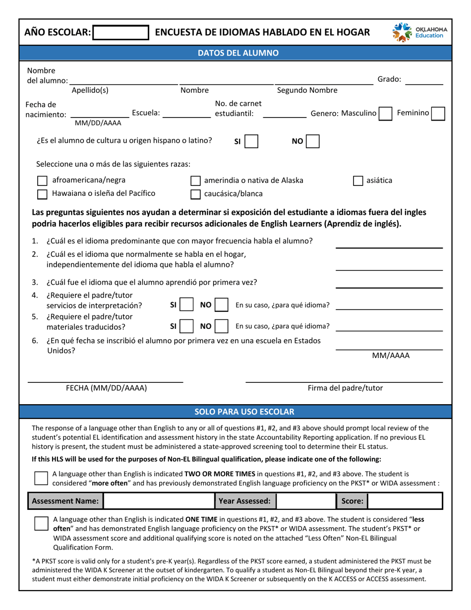 Oklahoma Encuesta De Idiomas Hablado En El Hogar (Spanish) - Fill Out ...