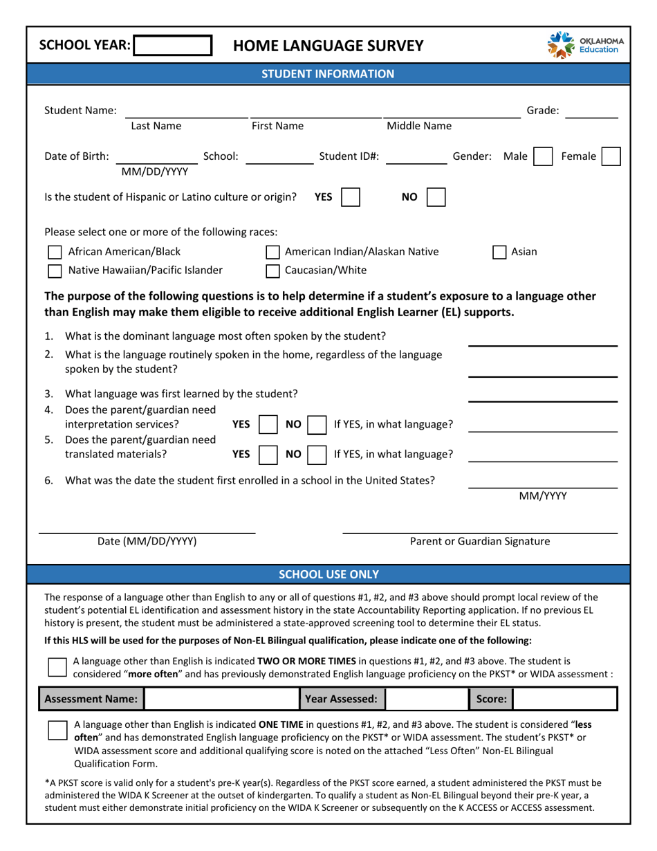 Oklahoma Home Language Survey - Fill Out, Sign Online and Download PDF ...