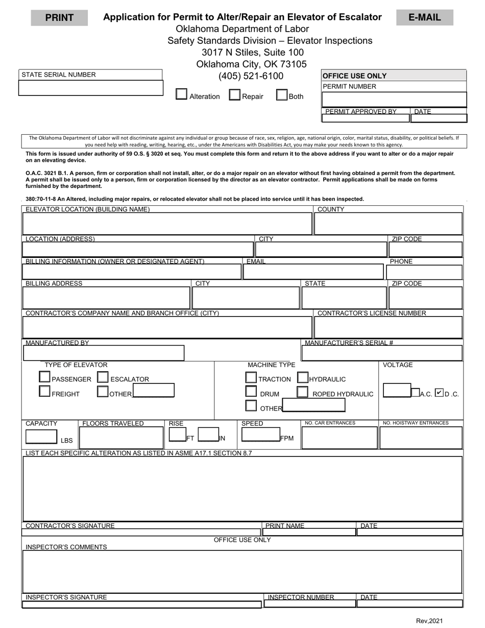 Oklahoma Application for Permit to Alter/Repair an Elevator or ...