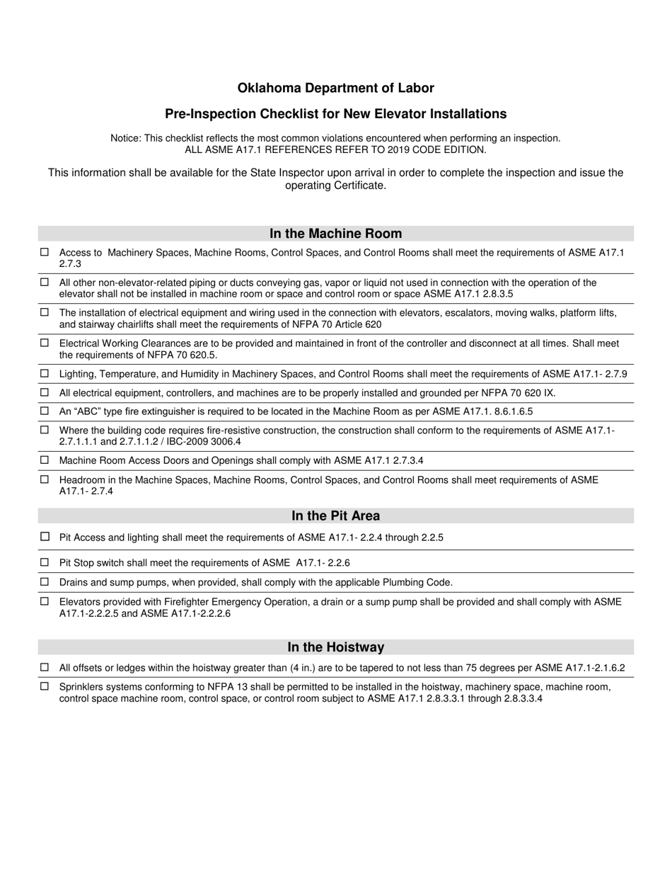 Oklahoma Pre-inspection Checklist for New Elevator Installations ...