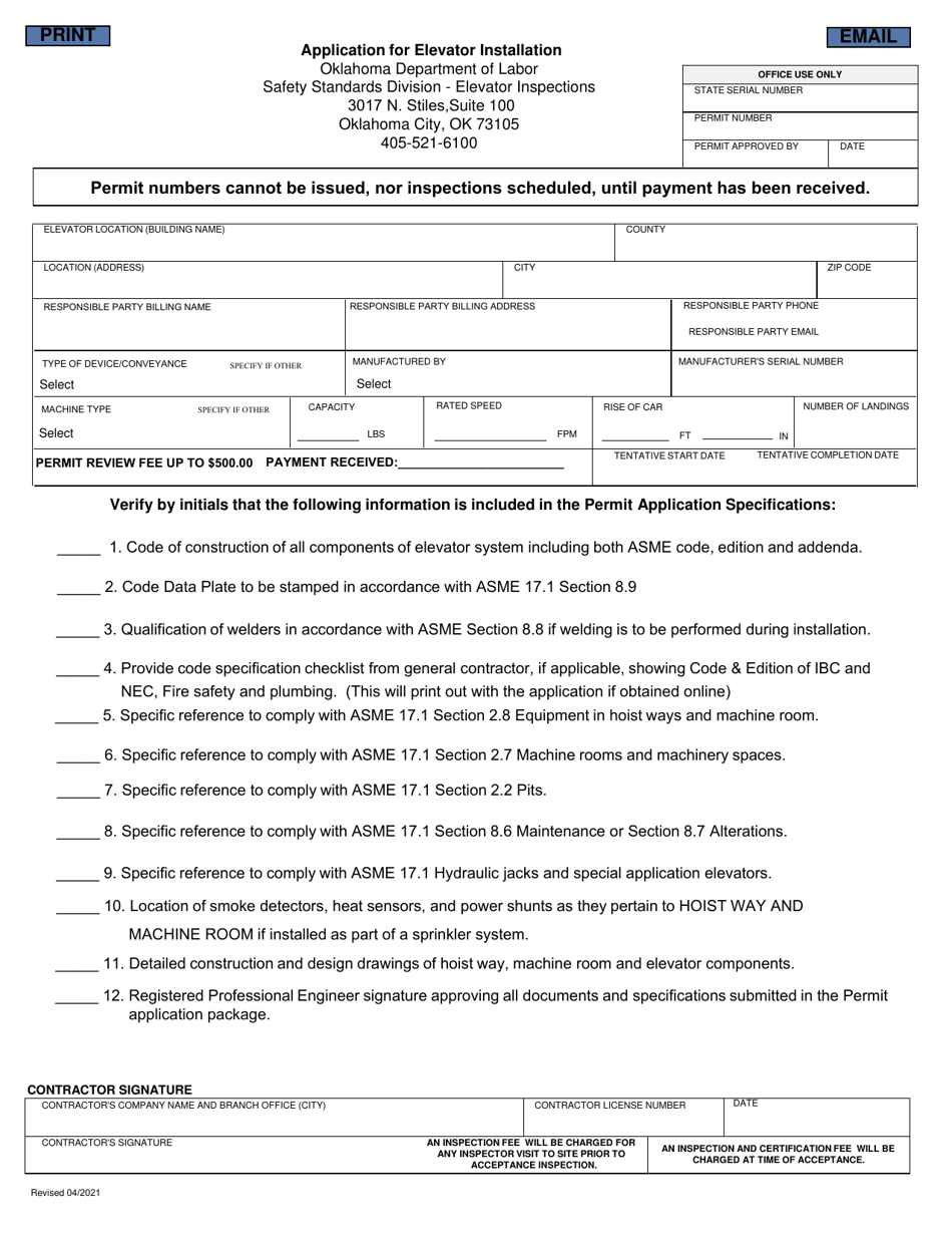 Oklahoma Application for Elevator Installation Download Fillable PDF ...