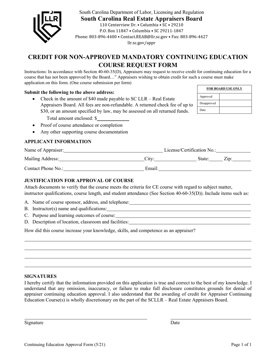 South Carolina Credit for Non-approved Mandatory Continuing Education Course Request Form - Fill ...