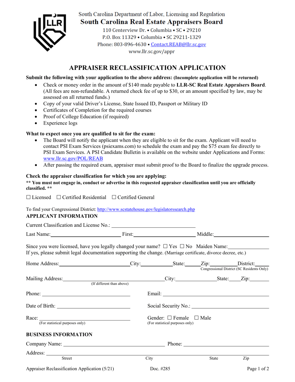 Form DOC285 - Fill Out, Sign Online and Download Fillable PDF, South Carolina | Templateroller