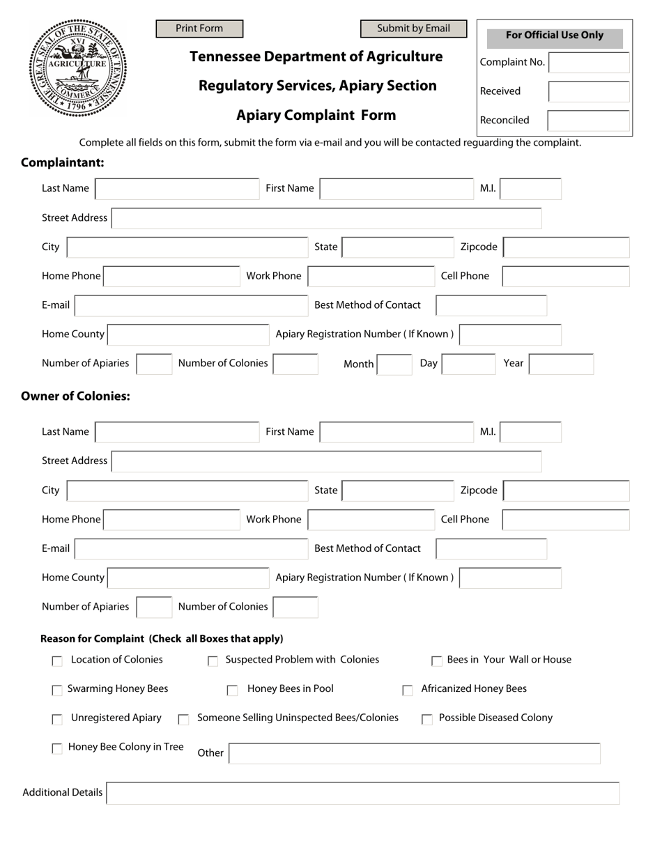 Tennessee Apiary Complaint Form - Fill Out, Sign Online and Download ...
