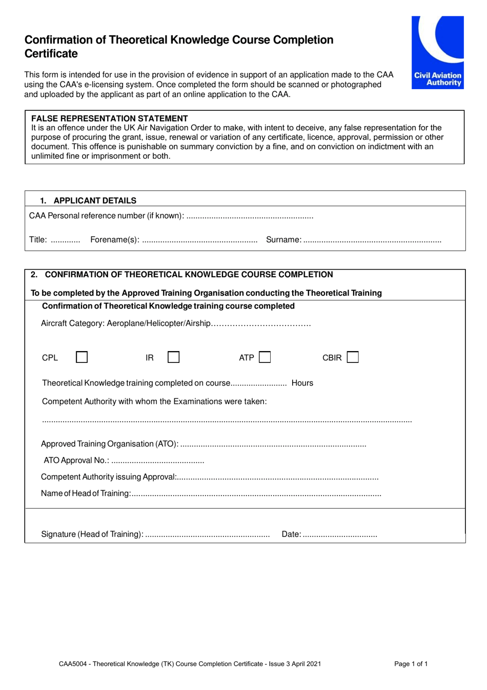 Form CAA5004 - Fill Out, Sign Online and Download Fillable PDF, United ...