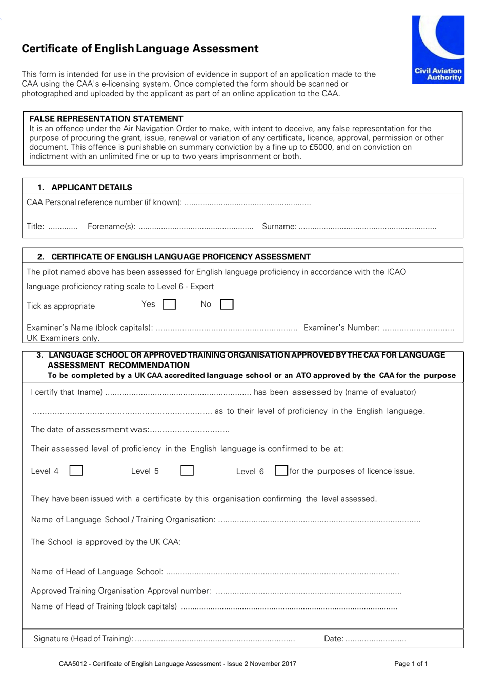 Form CAA5012 - Fill Out, Sign Online and Download Fillable PDF, United ...