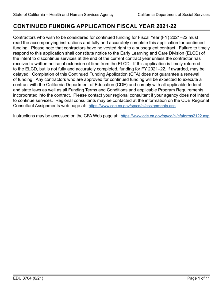 Form EDU3704 Download Fillable PDF or Fill Online Continued Funding Application - 2022 ...