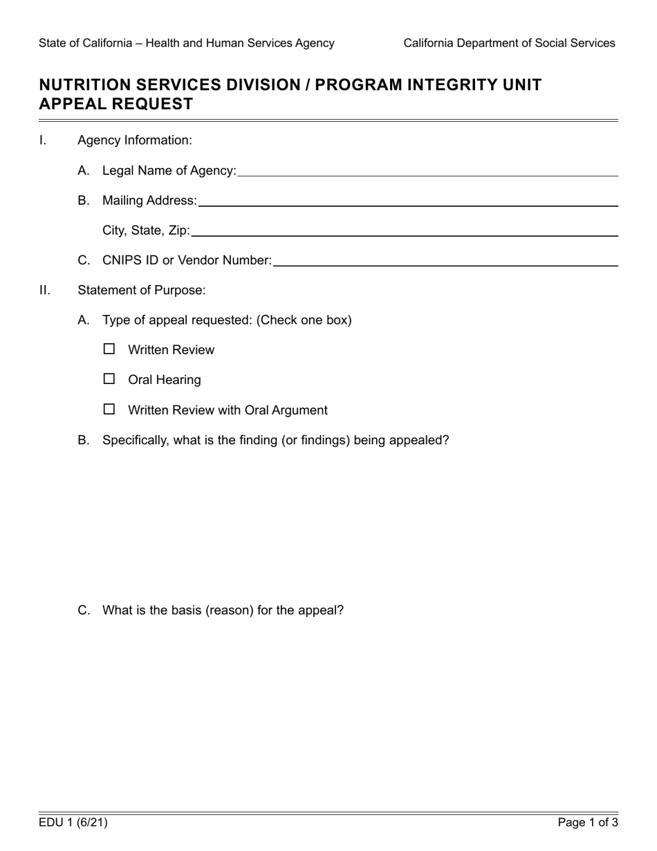 Form EDU1 - Fill Out, Sign Online and Download Fillable PDF, California ...
