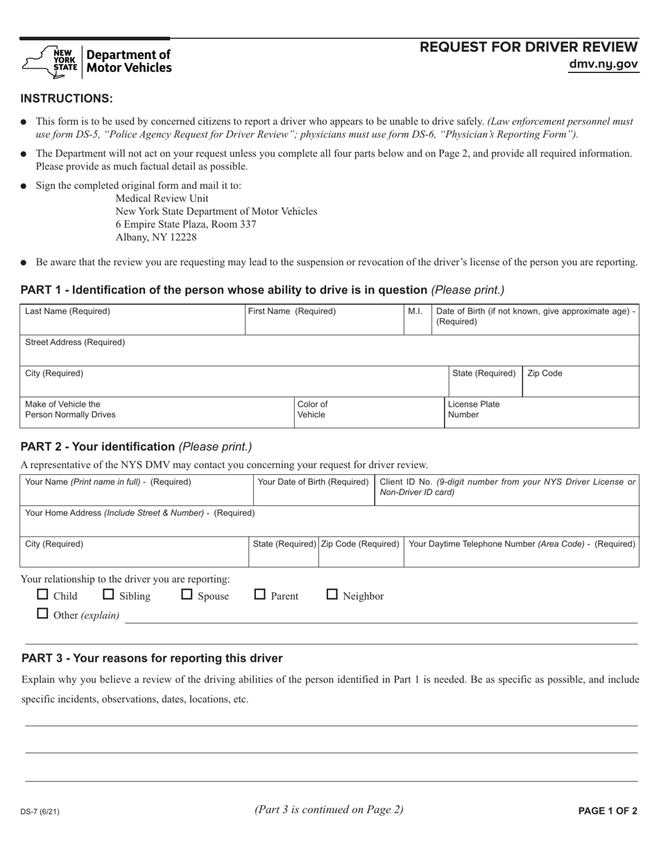 Form DS-7 Download Fillable PDF or Fill Online Request for Driver ...