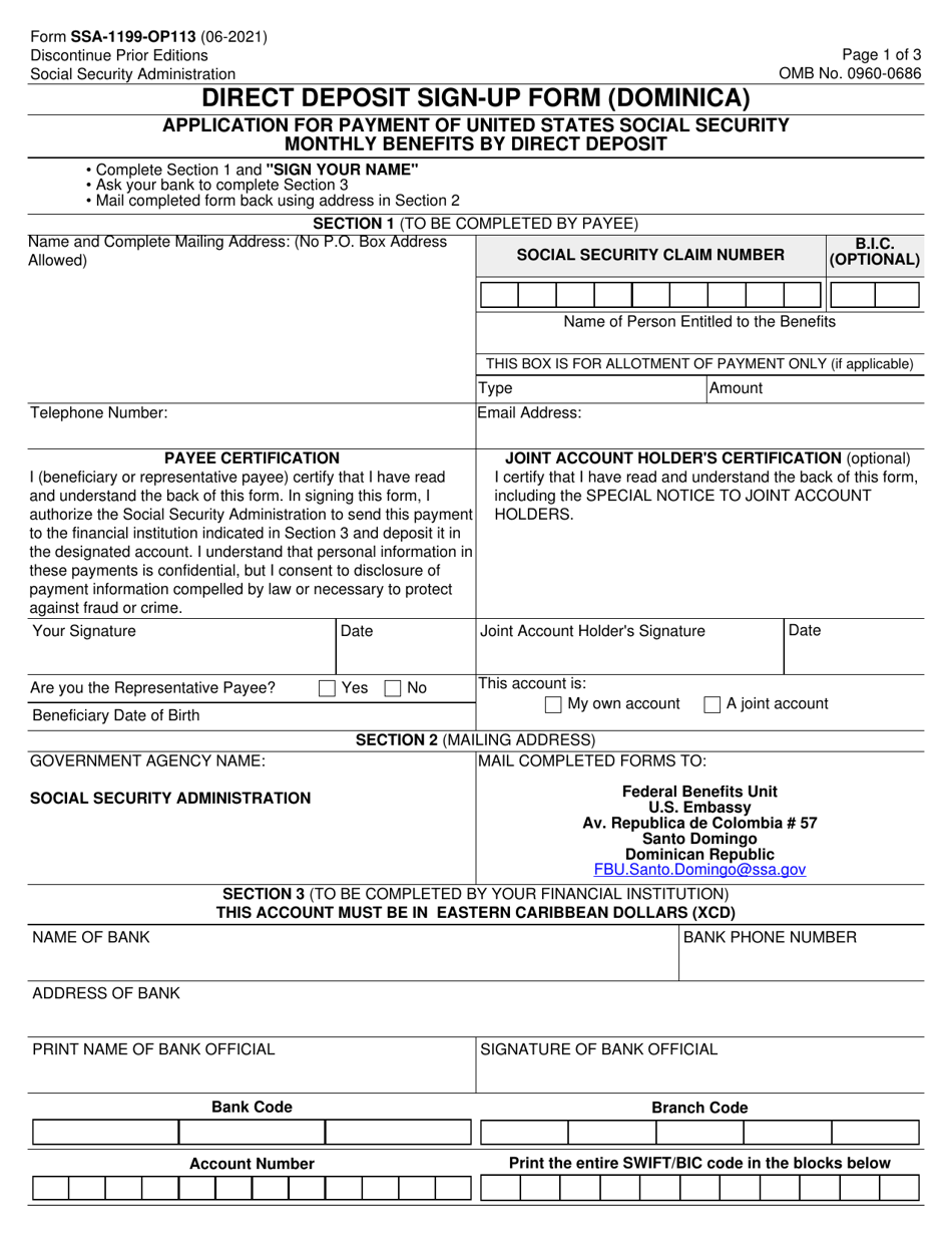 Form SSA-1199-OP113 Download Fillable PDF or Fill Online Direct Deposit ...