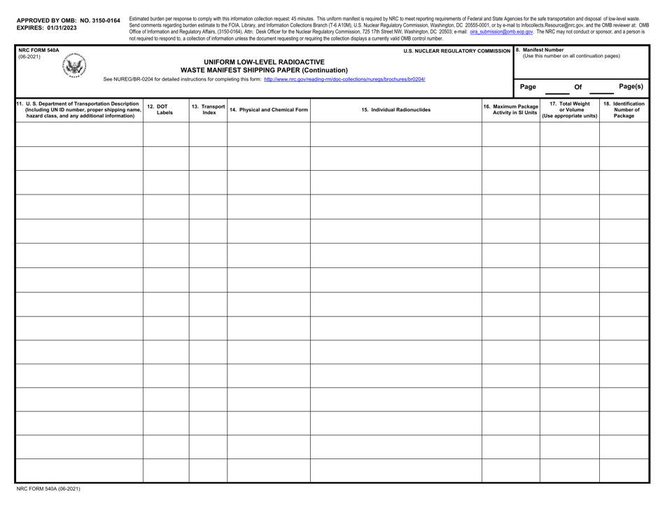 NRC Form 540A Download Fillable PDF or Fill Online Uniform Low-Level ...