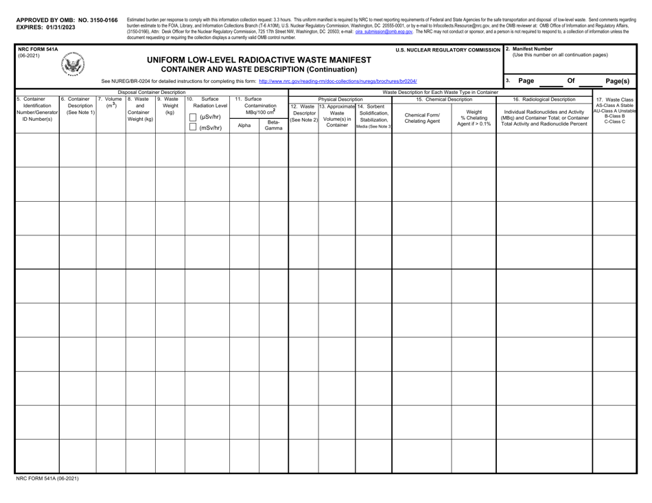 NRC Form 541A Download Fillable PDF or Fill Online Uniform Low-Level ...