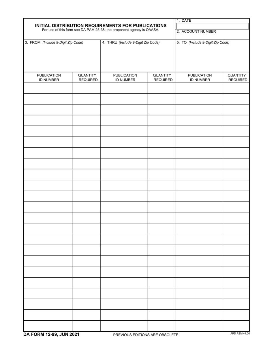 DA Form 12-99 Download Fillable PDF or Fill Online Initial Distribution ...