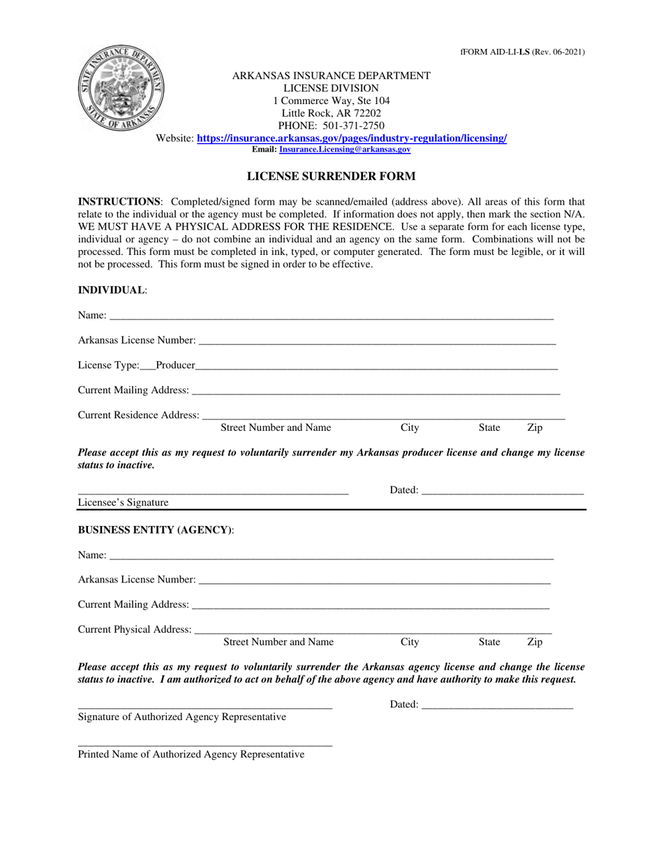Form AID-LI-LS Download Printable PDF or Fill Online License Surrender ...